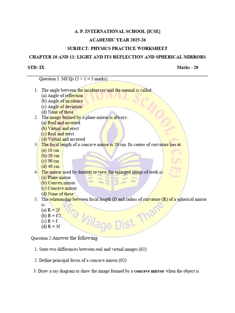 WORKSHEET Chapter Reflection of Light and Spherical Mirrors | PDF