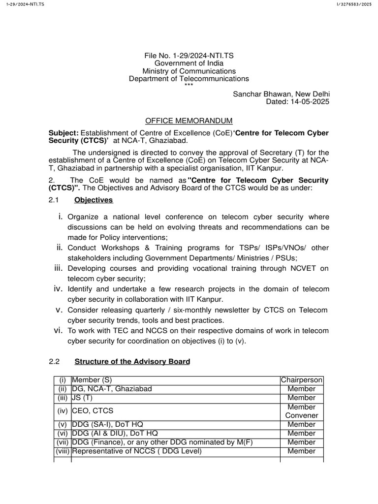 DoT OM Dated 14.05.2025 On CTCS | PDF