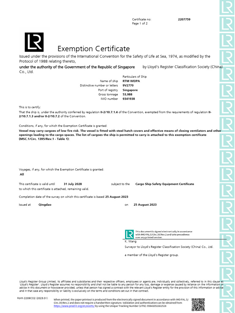 Exemption Certificate for RTM WEIPA Ship | PDF | Water Transport | Shipping