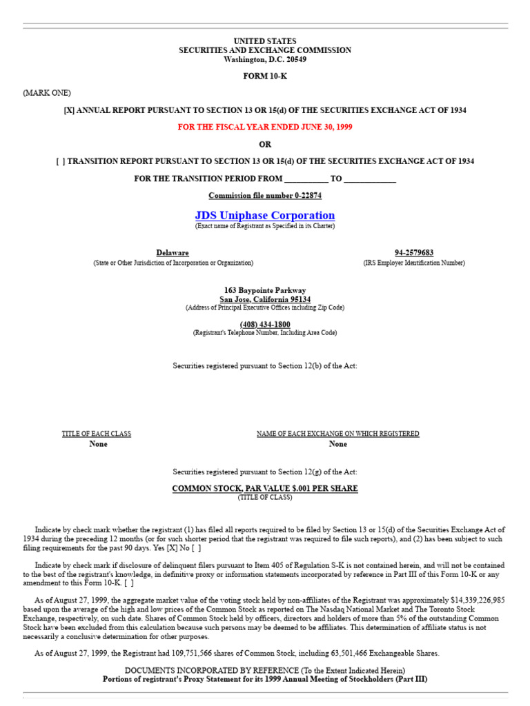 JDS Uniphase 1999 Annual Report Summary | PDF | Fiber Optic ...