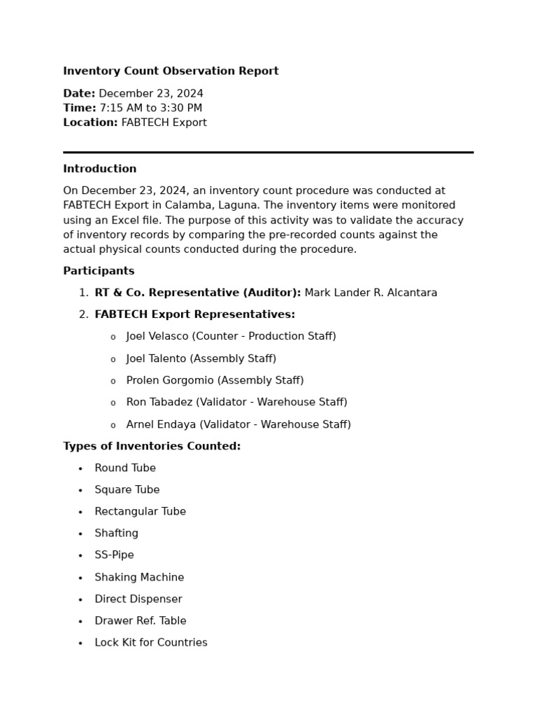 Inventory Count Observation Report - FABTECH Export 2024 (Alcantara ...
