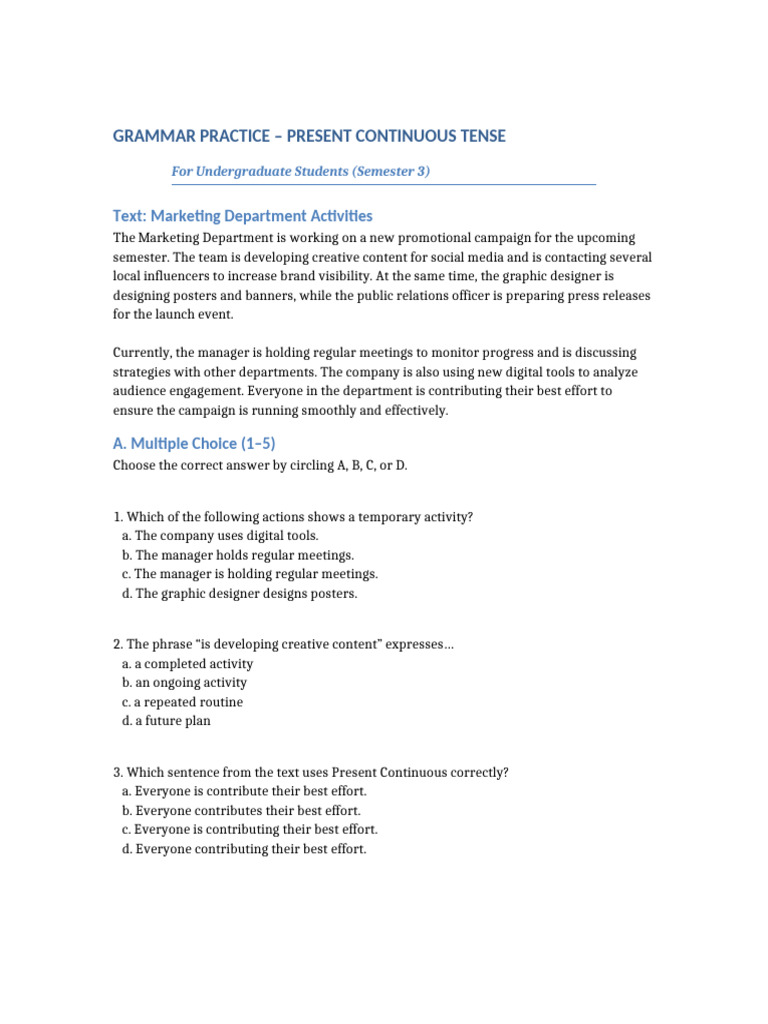Present Continuous Tense Grammar Practice | PDF