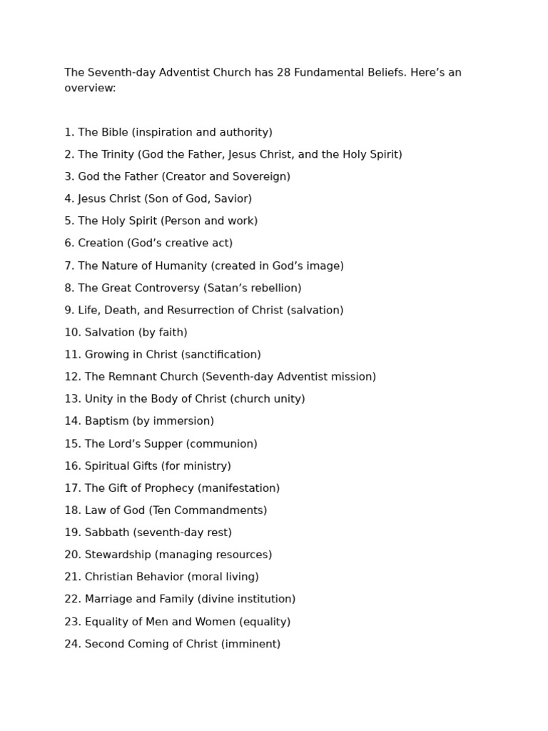 Overview of SDA's 28 Beliefs | PDF