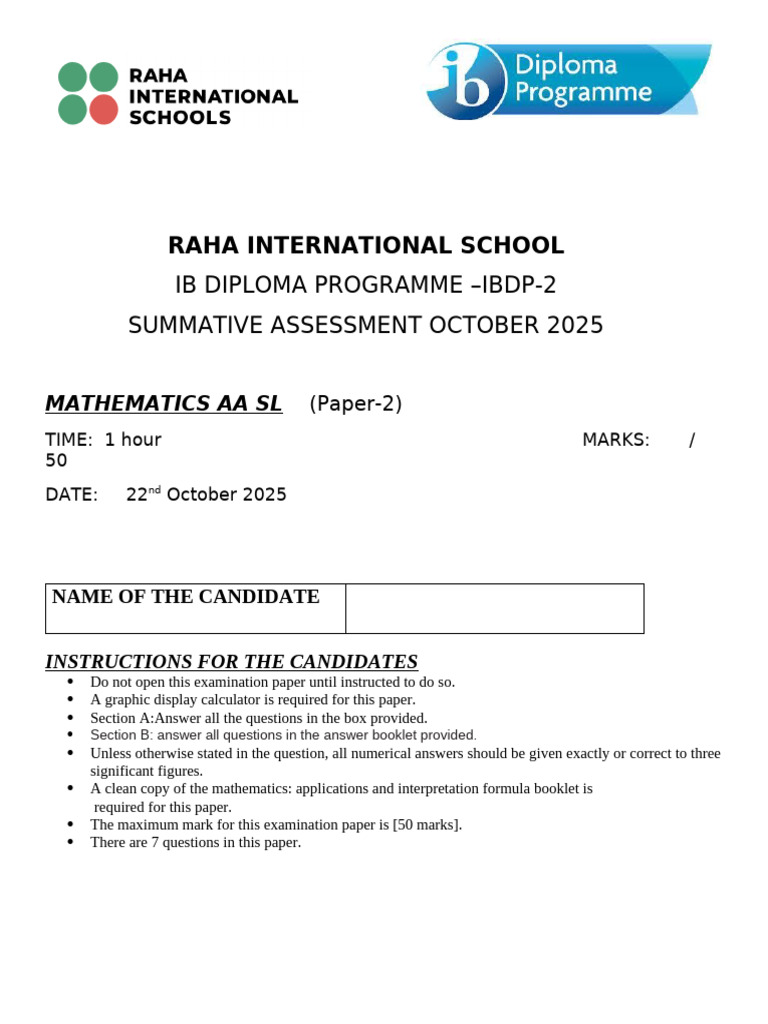 IBDP Mathematics AA SL Exam Paper 2025 | PDF | Mathematical Analysis ...