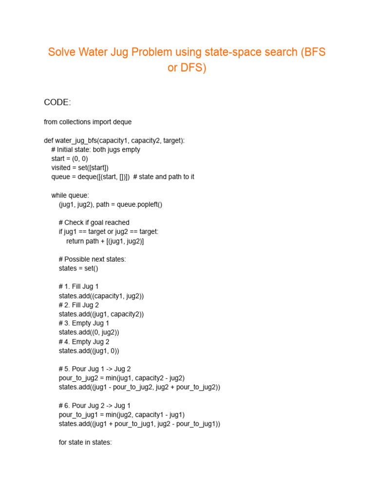 Water Jug Problem Solver: BFS/DFS Code | PDF
