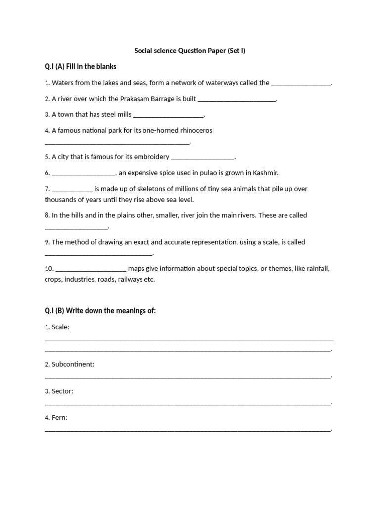 Social Science Question Paper Set I | PDF