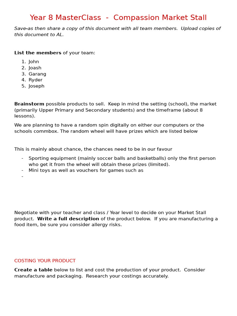 Market Stall Student Worksheet | PDF