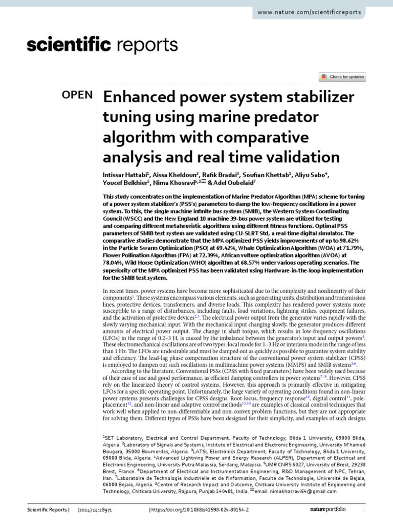 Enhanced Power System Stabilizer Tuning Using Marine Predator Algorithm With Comparative ...
