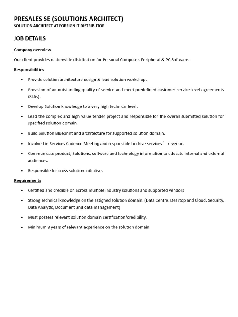 Presales Se (Solutions Architect) | PDF