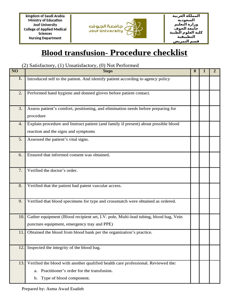 Blood Transfusion Procedure Checklist | PDF | Blood Transfusion | Blood