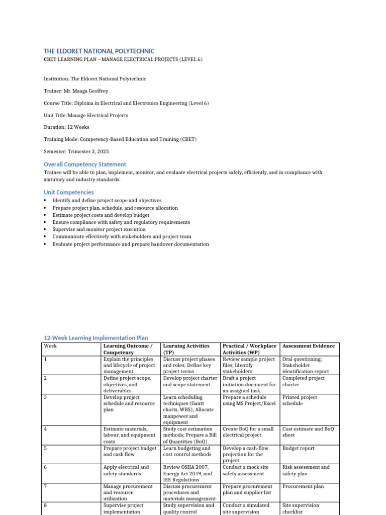 CBET Learning Plan Manage Electrical Projects Level6 Eldoret ...