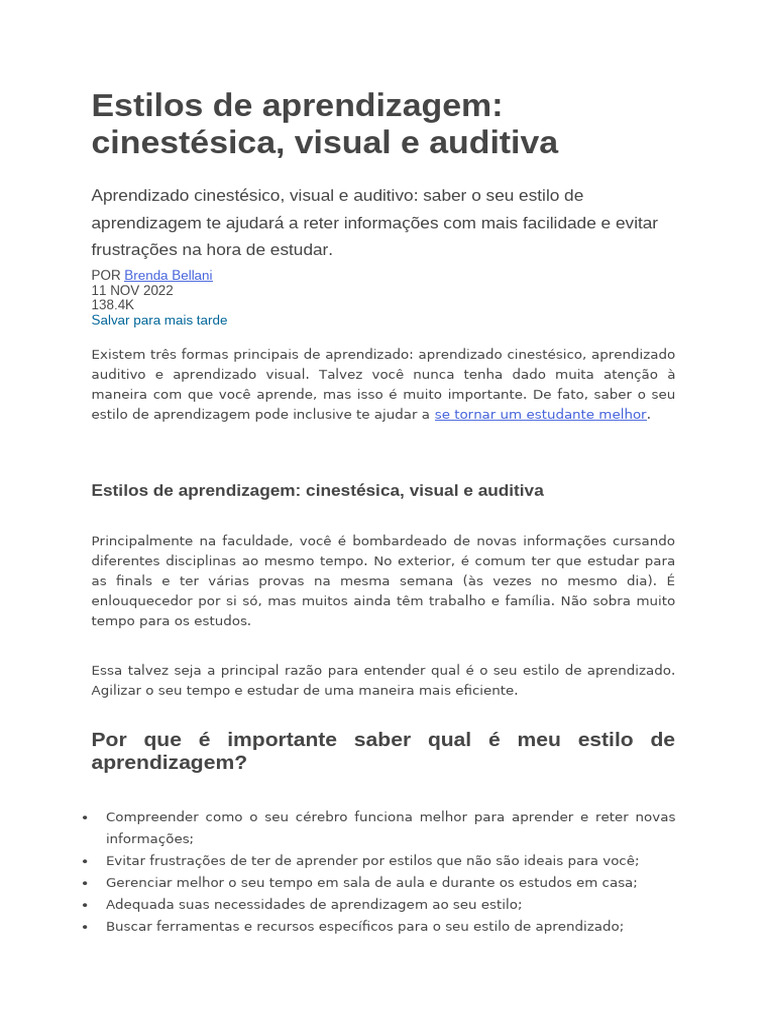 Estilos De Aprendizagem Auditivo Visual Cinestésico Pdf