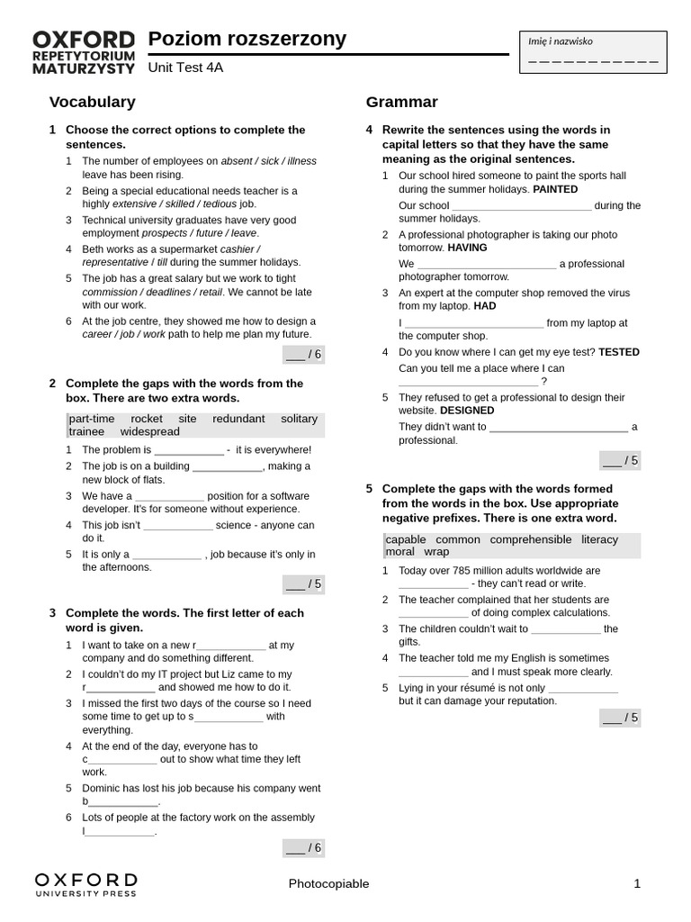 Unit Test 4A: Vocabulary and Grammar | PDF