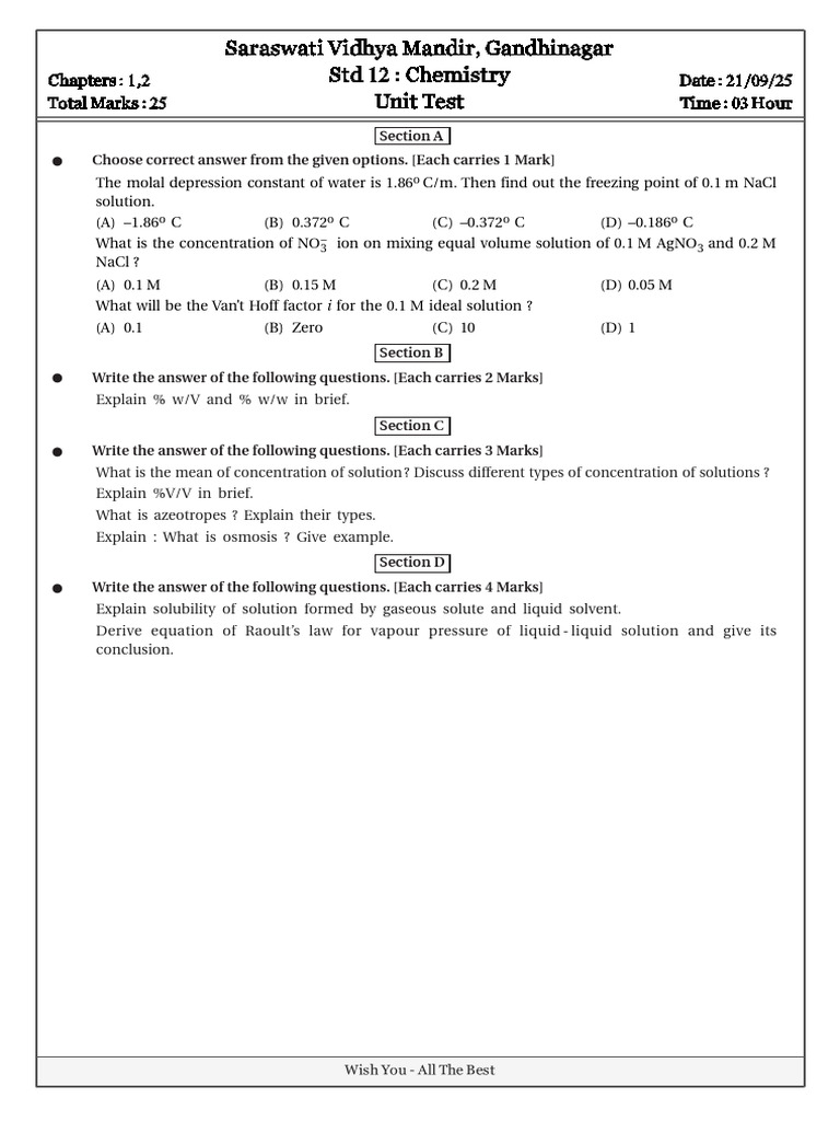 Std 12 Chemistry Unit Test Paper | PDF | Physical Chemistry | Chemistry