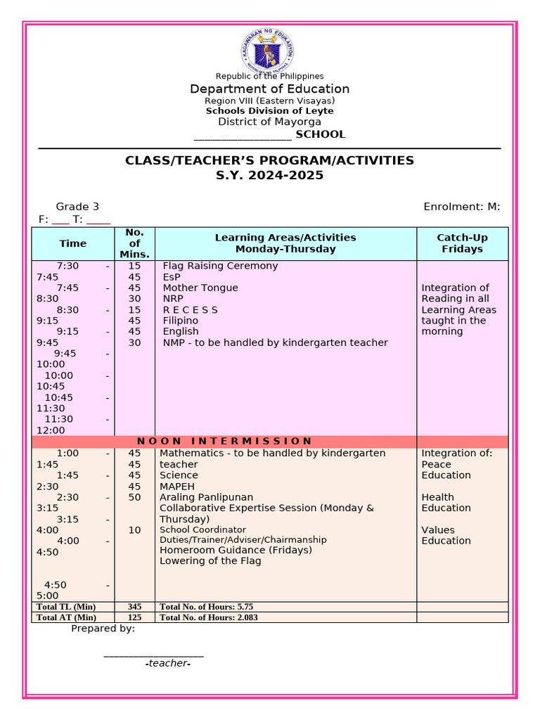 Grade 3 Class Schedule 2024-2025 | PDF | Philippines