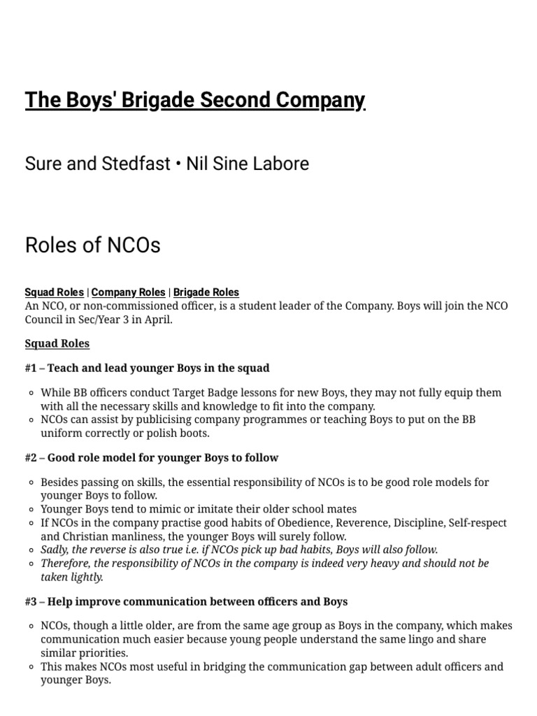 NCO Roles in Boys' Brigade Explained | PDF | Non Commissioned Officer ...