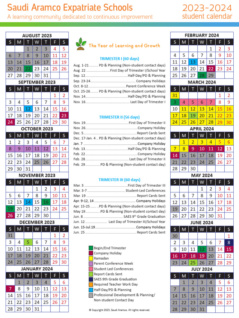 SAES Student Calendar 2023-2024 | PDF | Schools | Educational Institutions