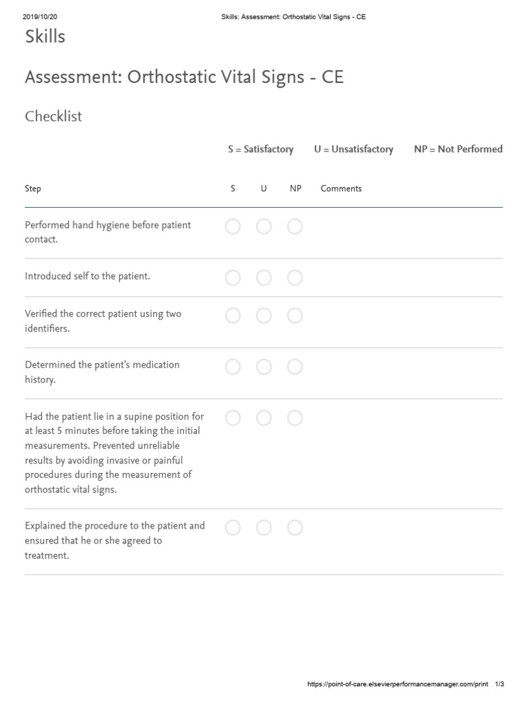 Orthostatic Vital Signs Assessment Checklist | PDF | Medicine | Human ...