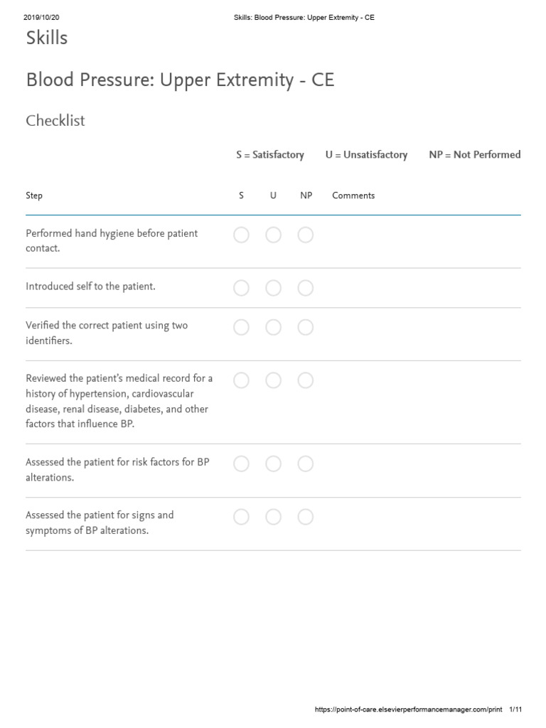 Skills - Blood Pressure - Upper Extremity - Checklist | PDF | Pulse ...