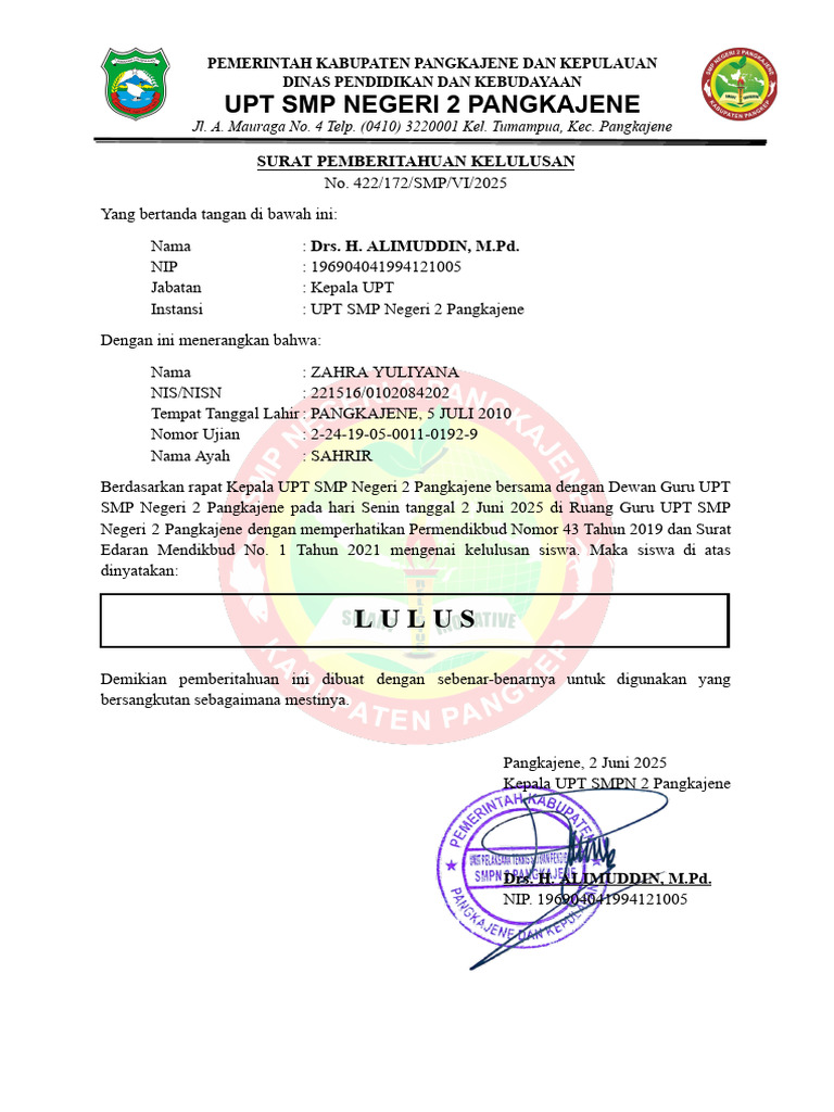 Surat Kelulusan Zahra Yuliyana SMPN 2 | PDF