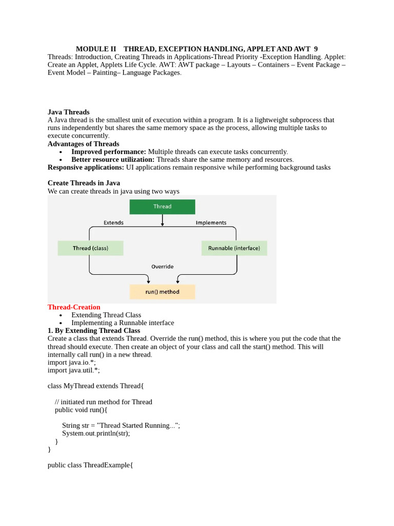 MODULE IITHREAD, Applet, Exception Handling | PDF | Thread (Computing) | Method (Computer ...