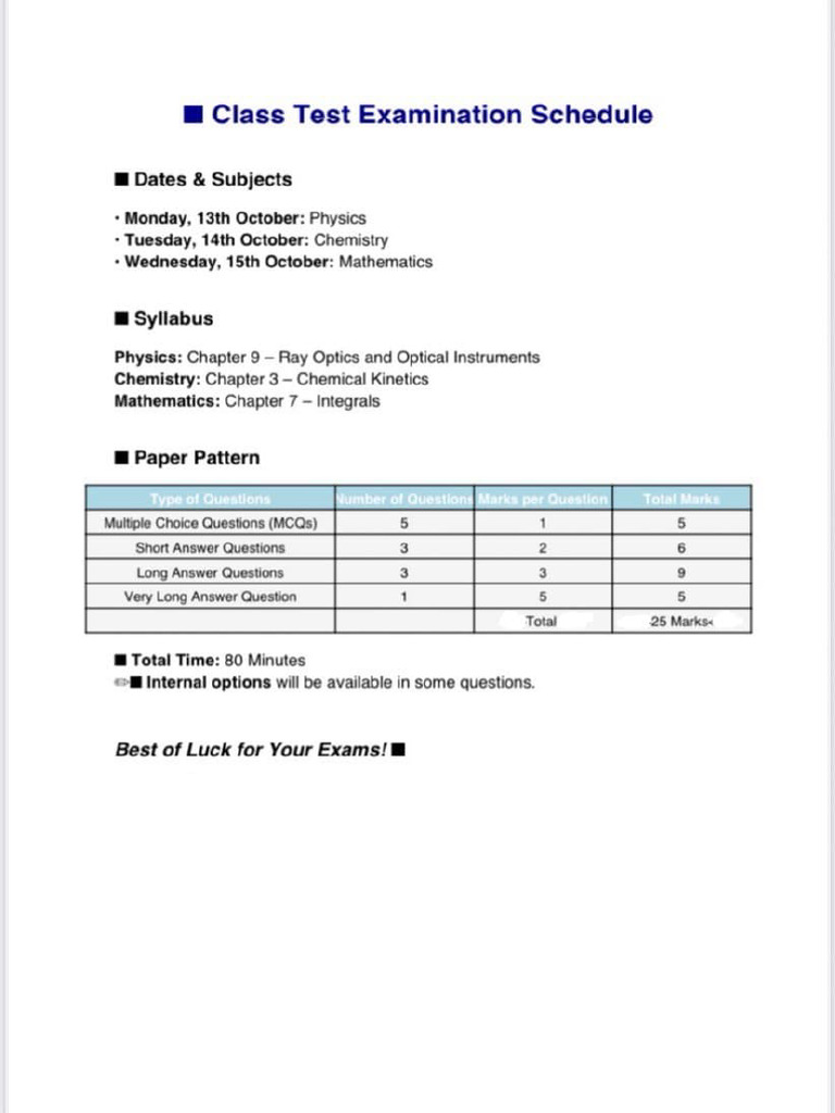 Class Test Exam Schedule & Syllabus | PDF