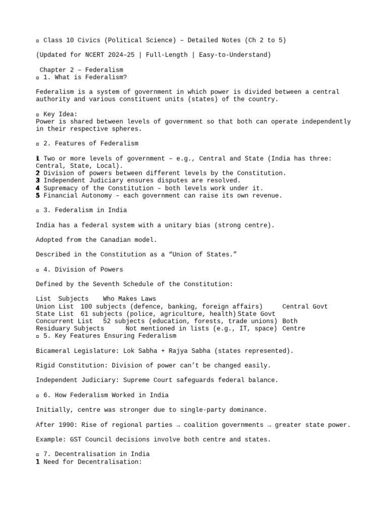 Class 10 Civics Notes: Federalism & Democracy | PDF | Government ...