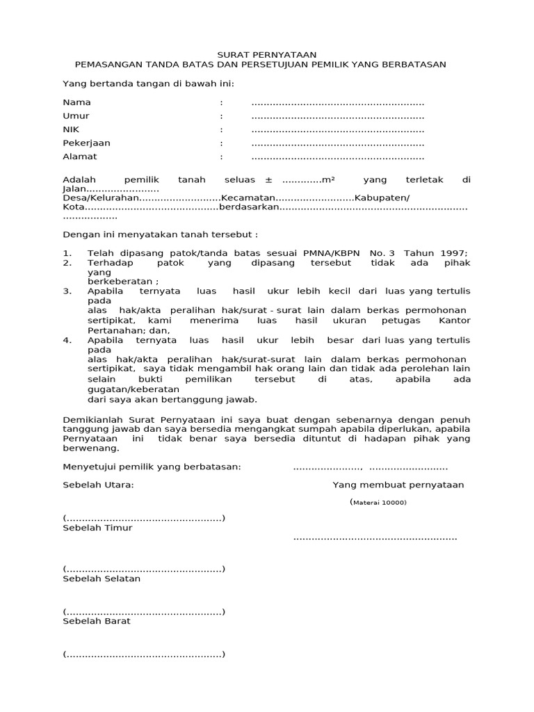 Surat Pernyataan Pemasangan Tanda Batas | PDF