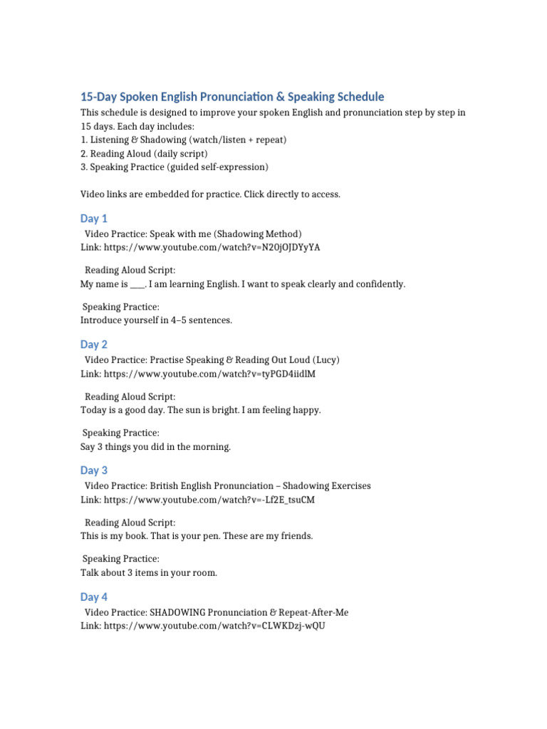 15-Day English Speaking Improvement Plan | PDF | English Language