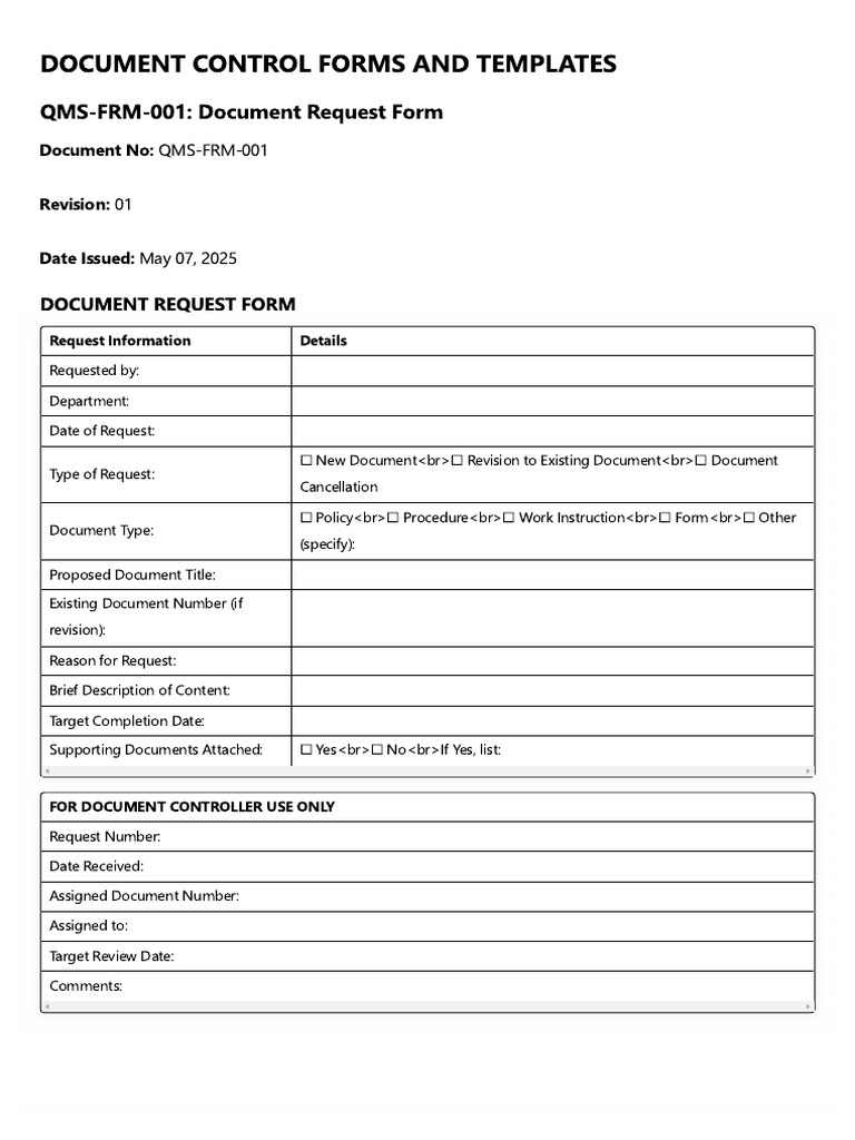 Document Control Forms and Templates | PDF