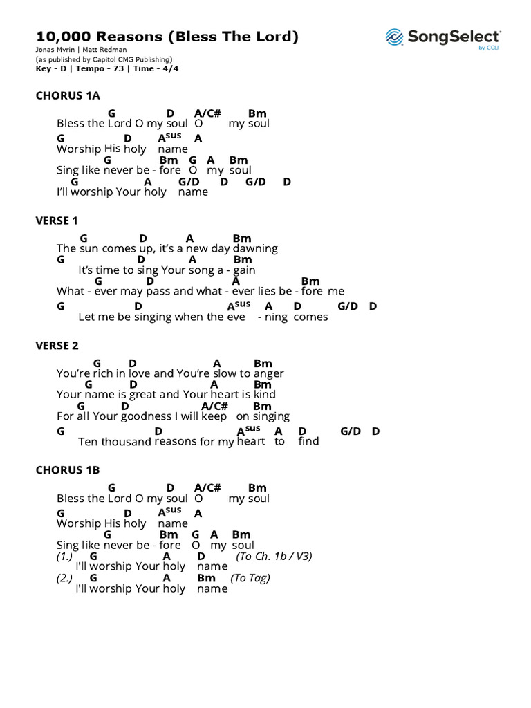 10,000 Reasons (Bless The Lord) - Chords-D | PDF | Songs | Contemporary ...