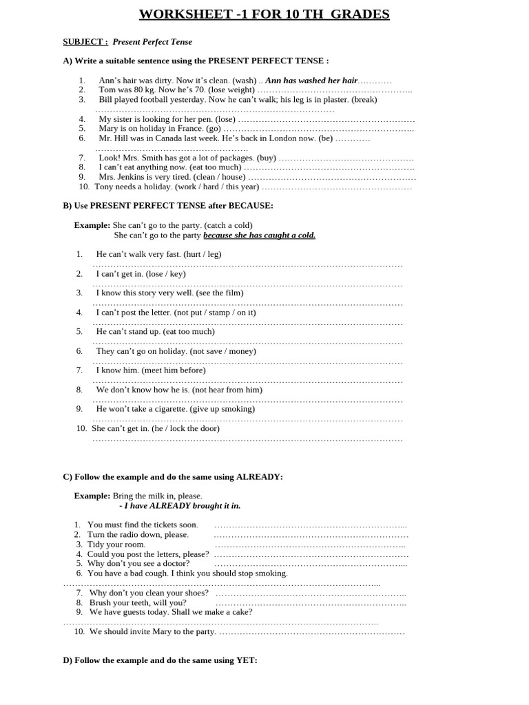 Worksheet-1 Present Perfect Tense For 10th Grades | PDF