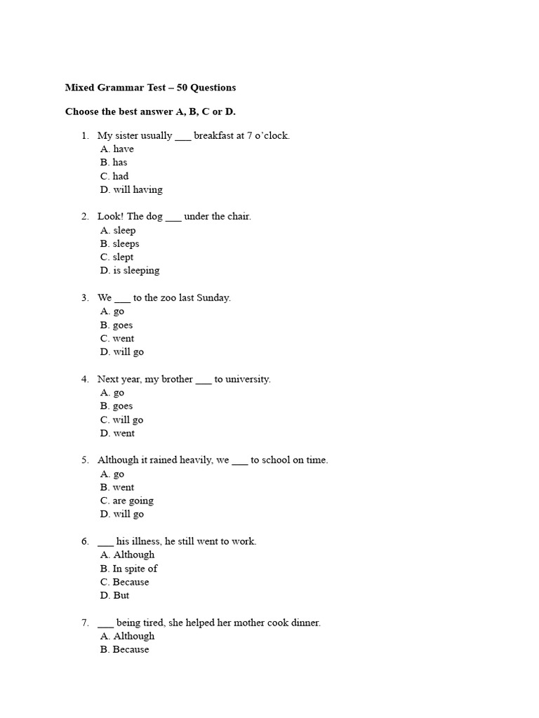 Mixed Grammar Practice Sheet - 50 Questions | PDF | Chess Theory | Chess