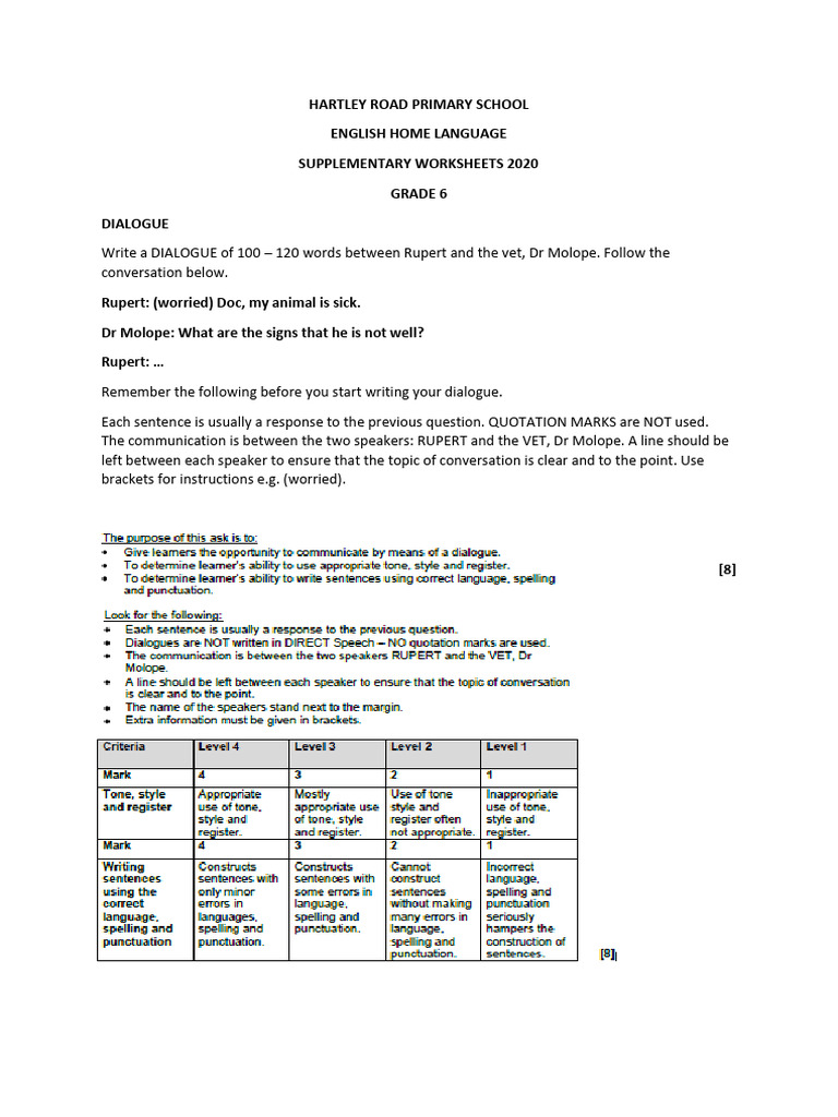 English Grade 6 Dialogue and Rubric Package B2 13 April | PDF