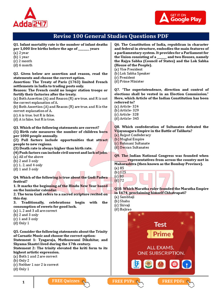 100 General Studies Question PDF For IB SA Exam 2025 - 12676 | PDF