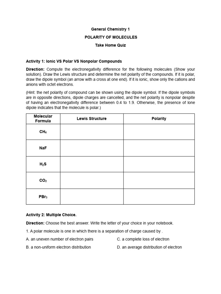 Chem 1 Q2 Take Home Quiz Polarity of Compounds | PDF | Chemical ...