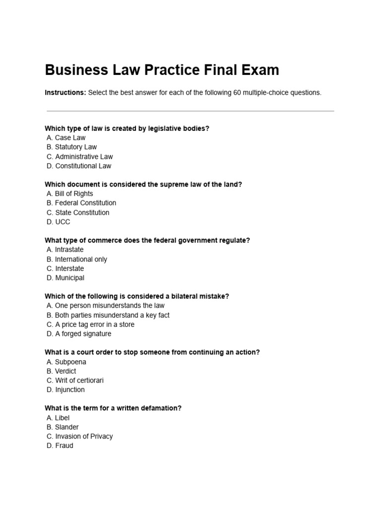 Business Law Final Exam Questions | PDF | Tort | Damages