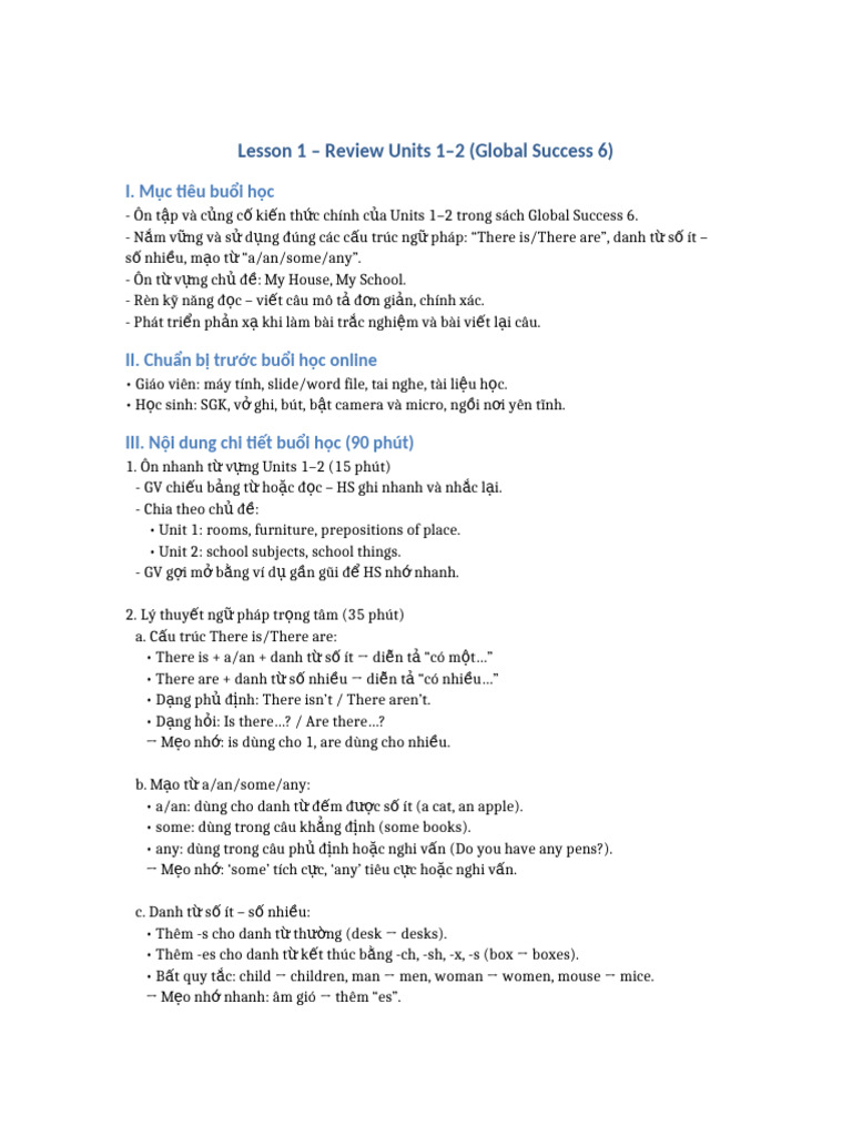 Lesson 1 Review Units1-2 GlobalSuccess6 | PDF