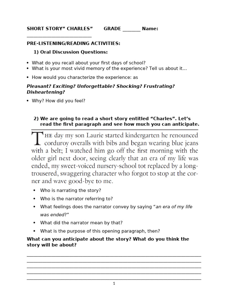 Questions for "Charles" by Shirley Jackson | PDF | Adverb | Verb