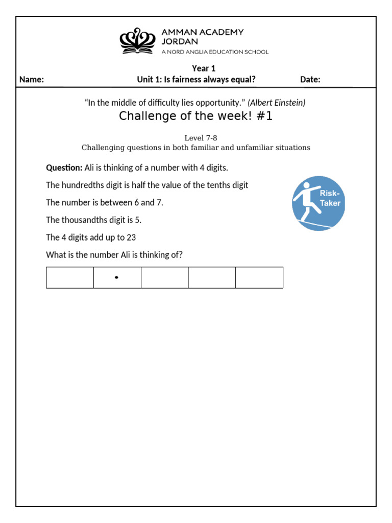 MYP Y1 - Challenge Worksheet #1 | PDF
