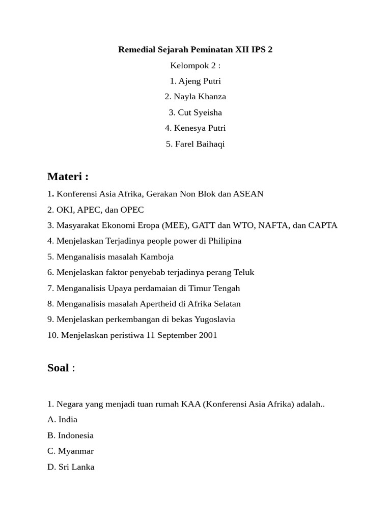 Remedial Sejarah XII IPS: Soal & Materi | PDF