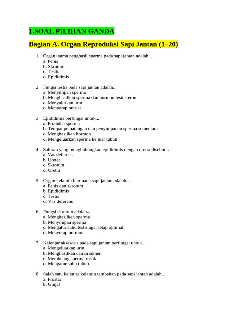Organ Reproduksi Sapi: Soal dan Pembahasan | PDF
