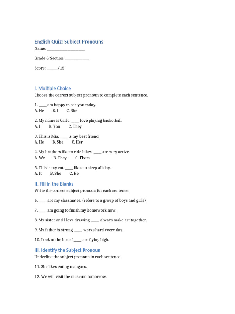 Grade6 Subject Pronoun Quiz | PDF