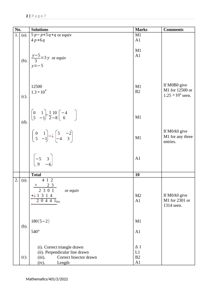 2022 Maths G9 P2 Marking Key-1-1 | PDF | Chess | Chess Theory