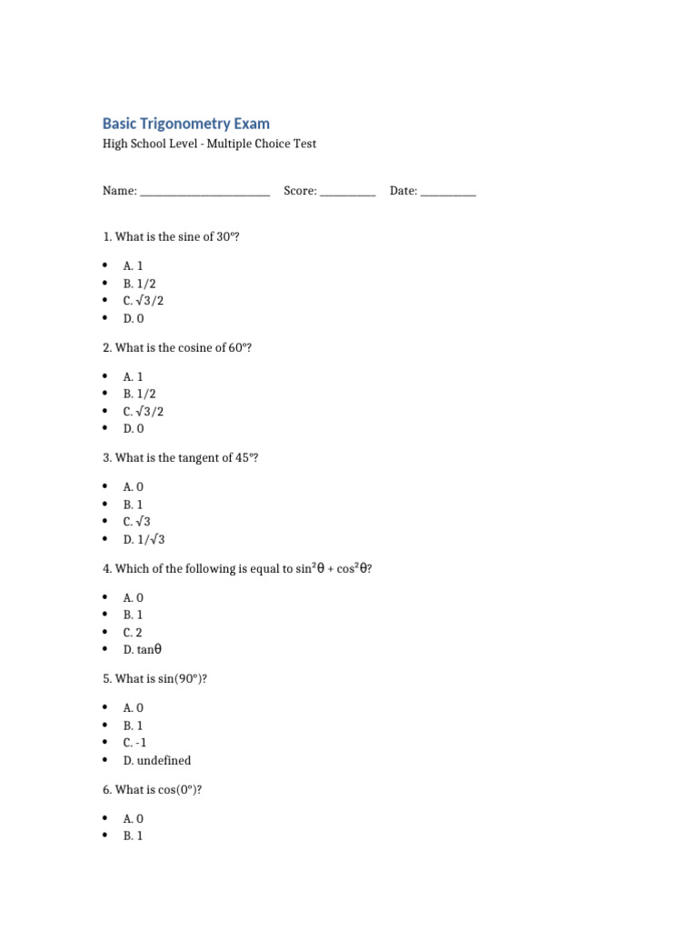 Basic_Trigonometry_Exam_th_Answehgmr_Key | PDF | Trigonometric ...