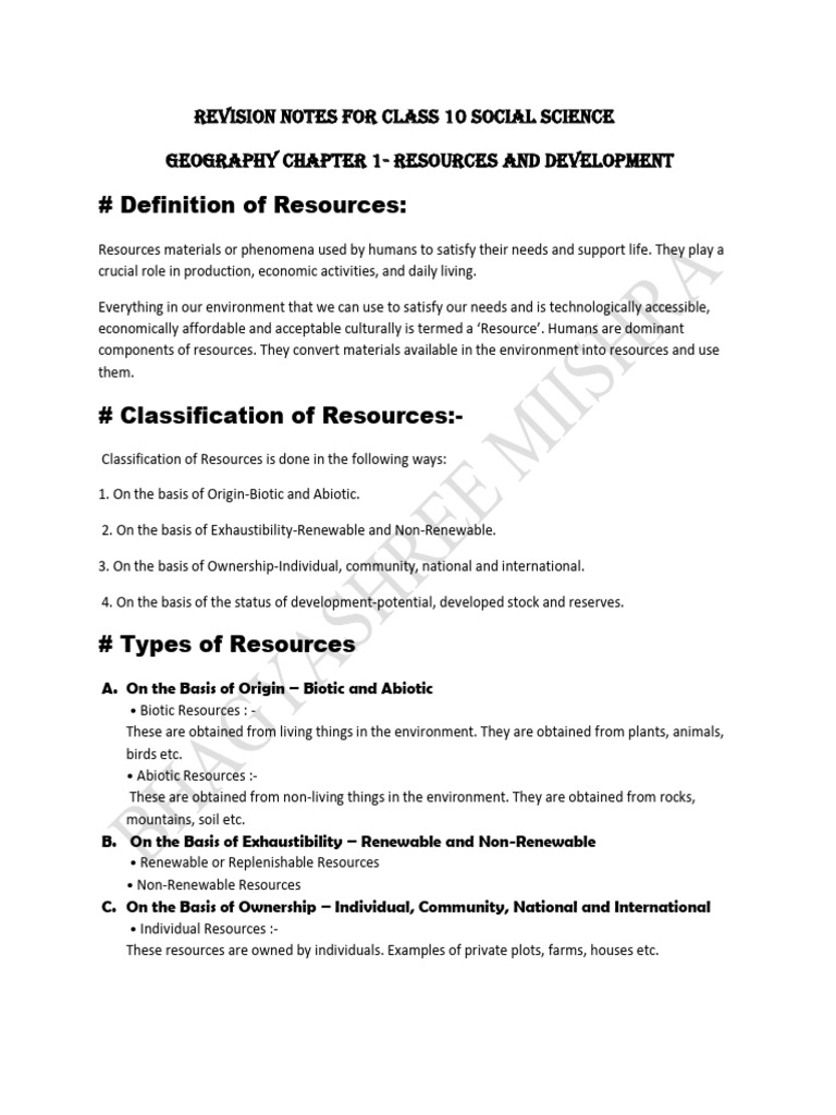 Revision Notes For Class 10 CH 1 Geography | PDF | Soil | Resource ...