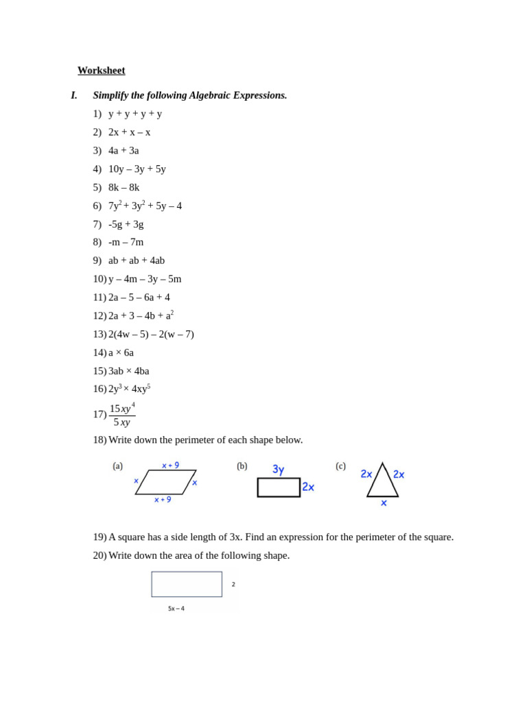 Worksheet - Writing Algebraic Expression and Simplifying Algebraic ...