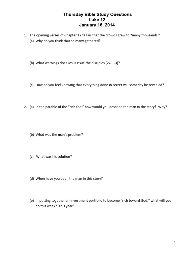 Luke-12 Questions 1-16-14 | PDF | Jesus | New Testament