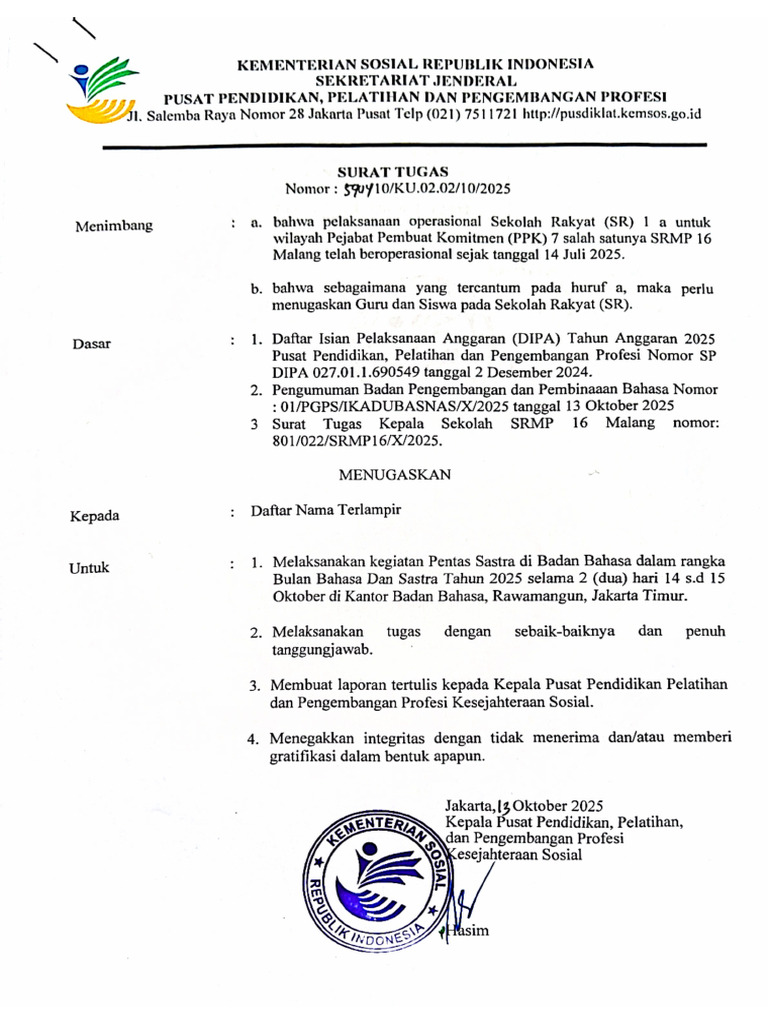 Surat Tugas Guru Malang Ke Jakarta Oktob | PDF