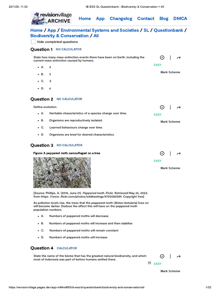 3 IB ESS SL Questionbank - Biodiversity & Conservation - All | PDF ...